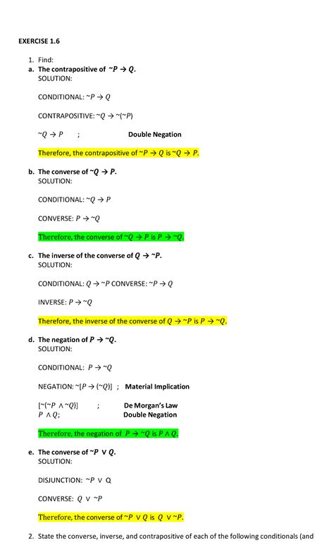 Discrete Math Exercise 16 Exercise 1 Find A The Contrapositive