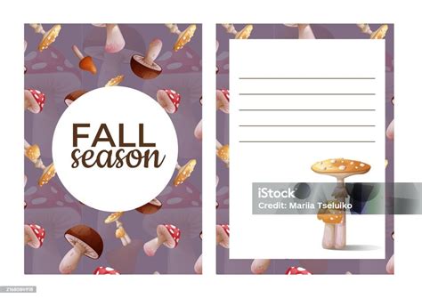 엽서 앞면과 뒷면 버섯이 들어간 가을의 귀여운 카드 디자인 가을에 대 한 엽서의 벡터 일러스트 레이 션 10월에 대한 스톡 벡터 아트 및 기타 이미지 Istock