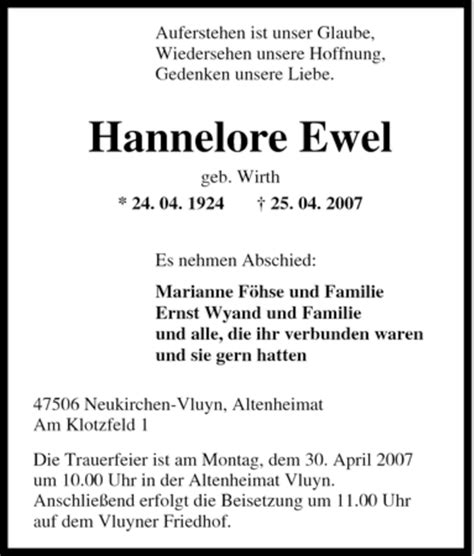 Traueranzeigen Von Hannelore Ewel Trauer In Nrw De