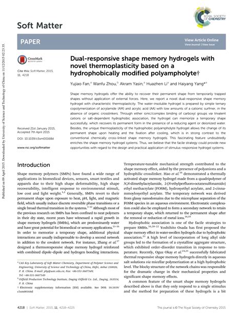 Pdf Dual Responsive Shape Memory Hydrogels With Novel