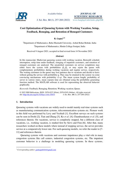 Pdf Cost Optimization Of Queueing System With Working Vacation Setup Feedback Reneging And