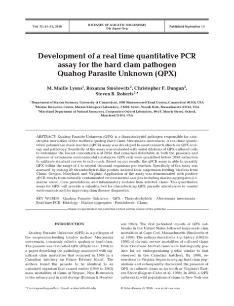 Pdf Development Of A Real Time Quantitative Pcr Assay For The Hard Clam Pathogen Quahog