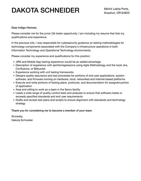 Junior QA Tester Cover Letter Velvet Jobs