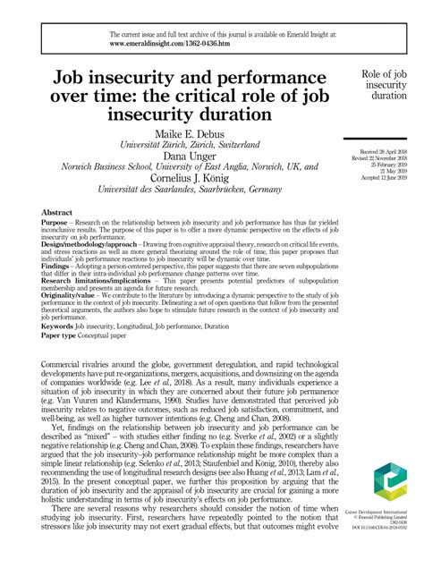Pdf Job Insecurity And Performance Over Time The Critical Role Of