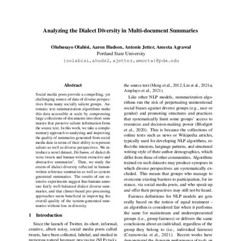 Analyzing The Dialect Diversity In Multi Document Summaries Acl Anthology