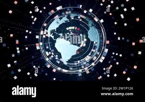 Tech Background From A Lot Of Shapes Lines Points With Rotating Earth Map Stock Video Footage