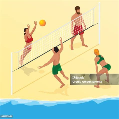 그물에 비치 발리 볼 선수 점프를 하려고 공을 차단 합니다 여름 휴가 활성 개념 벡터 아이소메트릭 일러스트 레이 션 개체 그룹에