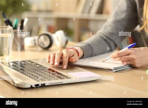 Close Up Of Babe Girl Hands Studying Using Laptop Comparing Notes On Notebook Sitting On A