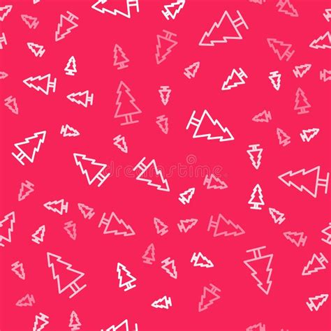 White Line Tree Icon Isolated Seamless Pattern On Red Background
