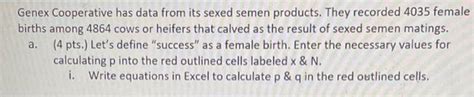 Solved Genex Cooperative Has Data From Its Sexed Semen Chegg Com