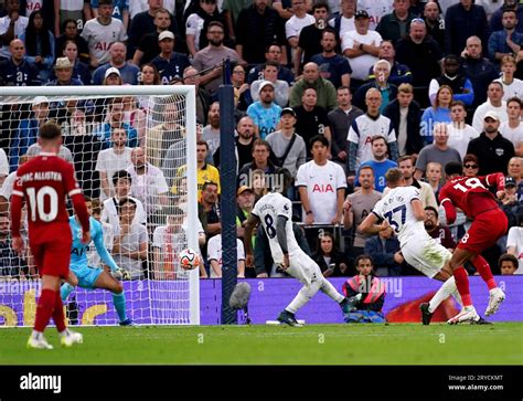 Liverpools Cody Gakpo Right Scores Their Sides First Goal Of The