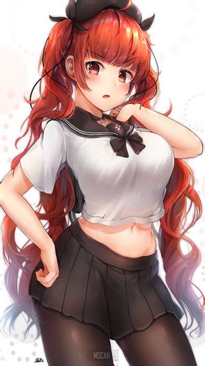 Anime Anime Girl Redhead Red Eyes Miniskirt Big Boobs Honolulu