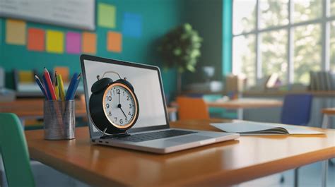 Laptop And Alarm Clock On Table In Classroom Premium Ai Generated Image