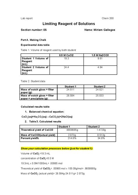 Limiting Reagent Lab Report Lab Report Chem 200 Limiting Reagent Of