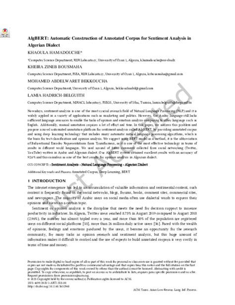 Pdf Algbert Automatic Construction Of Annotated Corpus For Sentiment Analysis In Algerian Dialect