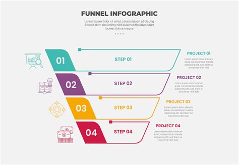 깔때기 기본 모양 인포그래픽 개요 스타일 슬라이드 프레젠테이션을 위해 왼쪽에 배지가 있는 창의적인 리버스 피라미드 0명에 대한 스톡 벡터 아트 및 기타 이미지 Istock