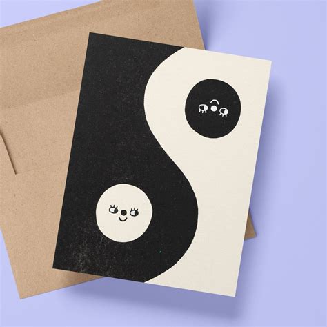 Yin Yang Friends Risograph Card A2 Greeting Card Hand Drawn Riso Printed Blank Notecards