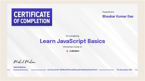 bhaskar kumar das s certification for learn javascript basics codedamn