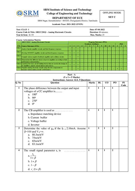Ct1 Aec 18ece201j Set C Qp Srm Institute Of Science And Technology
