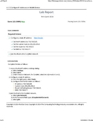 Netw Testout Lab Test Out Passing Score Configure IP Addresses Lab