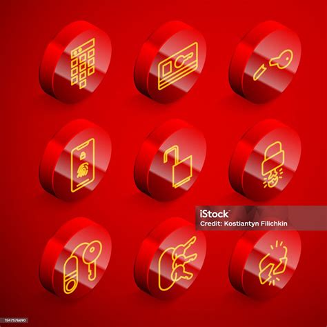 라인 암호 보호 키 카드 깨진 키 지문 스캔 기능이 있는 모바일 자물쇠 열기 내부 파손 집 및 무리 키 아이콘 설정 벡터 3차원 형태에 대한 스톡 벡터 아트 및 기타 이미지