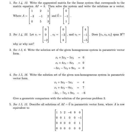 Solved Sec Write The Augmented Matrix For The Chegg Com