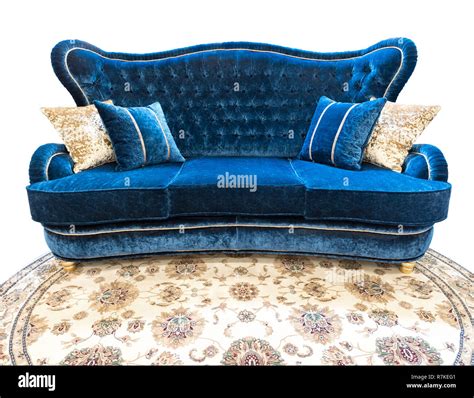 Blue Velours Sofa With Pillows Soft Luxury Classical Couch With