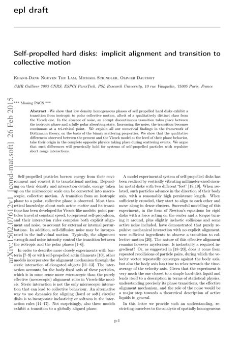 Pdf Self Propelled Hard Disks Implicit Alignment And Transition To Collective Motion