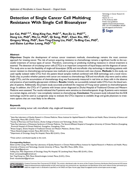 Pdf Detection Of Single Cancer Cell Multidrug Resistance With Single Cell Bioanalyzer