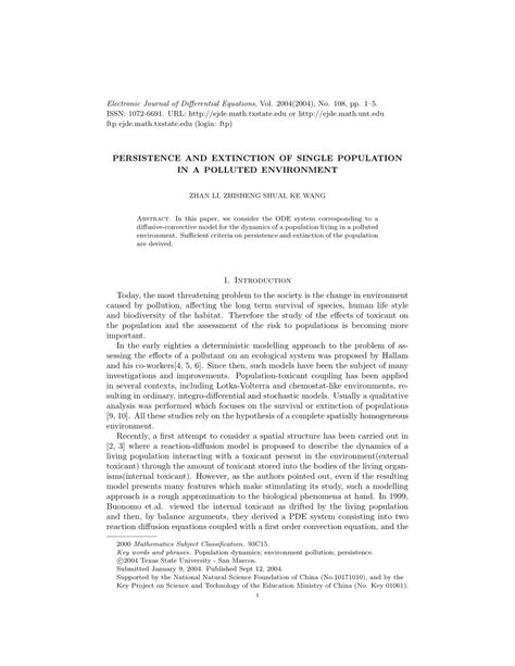 Pdf Persistence And Extinction Of Single Population In A Polluted Environment