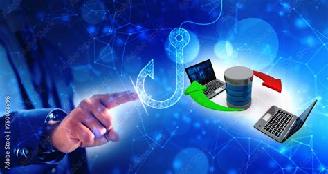 man using the phishing hook while data transfer phishing concept