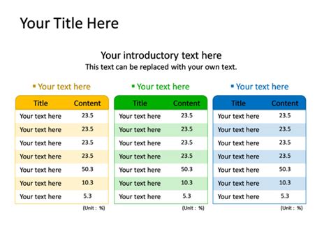 PowerPoint Slide Diagram Table Multicolor 3 Tables TG322 CrystalGraphics Com