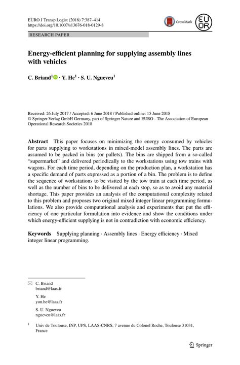 Pdf Energy Efficient Planning For Supplying Assembly Lines With Vehicles