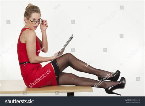 Beautiful Sexy Secretary Sitting On Top Foto De Stock Editar Ahora