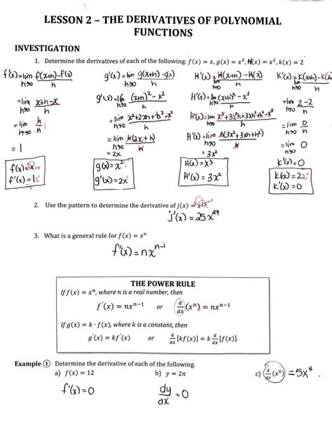 Lesson 2 The Derivative Of A Polynomial Function Solutions Lesson 2 The Derivatives Of