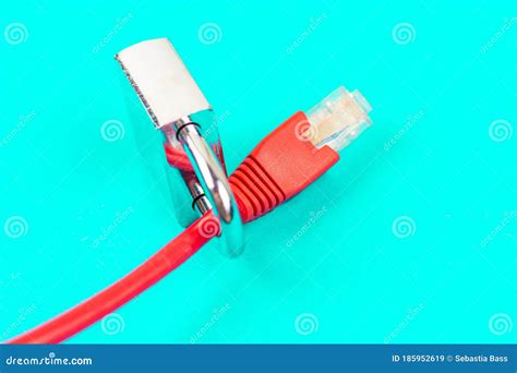 Lock On Ethernet Wire Internet Security Concept In Blue Background Stock Image Image Of High