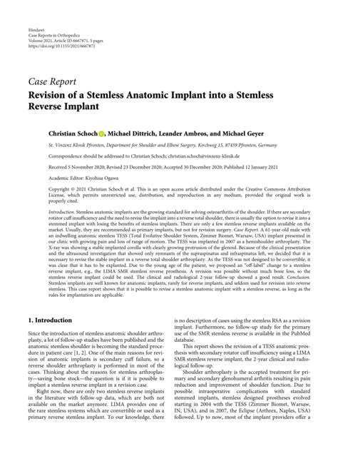 Pdf Revision Of A Stemless Anatomic Implant Into A Stemless Reverse Implant