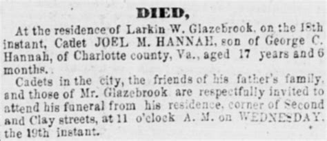 Joel Morton Hannah 1848 1865 Find A Grave Memorial