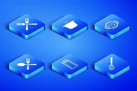 세트 키친 거품기 교차 포크 소금과 후추 숟가락 요리 냄비와 수프 아이콘 벡터 3차원 형태에 대한 스톡 벡터 아트 및 기타