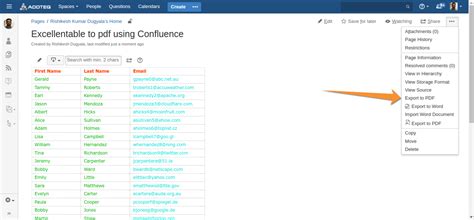how to export to pdf a confluence page containing excellentable