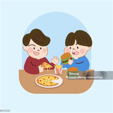 패스트푸드 햄버거 피자 감자튀김을 먹는 아이들 건강에 해로운 음식 영양 먹기에 대한 스톡 벡터 아트 및 기타 이미지 먹기