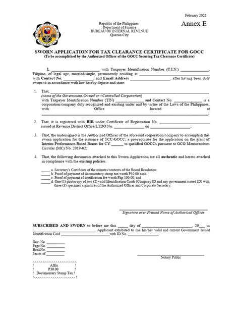 Annex E Tcc Gocc Sworn Application Pdf Identity Document Access Control