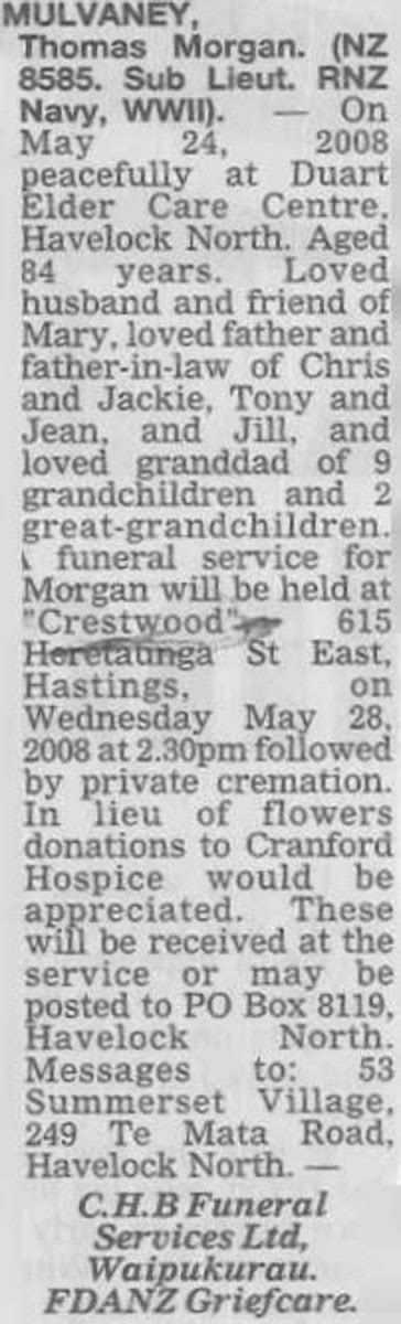 Mulvaney Thomas Morgan Death Notice 2008 Hawkes Bay Knowledge Bank
