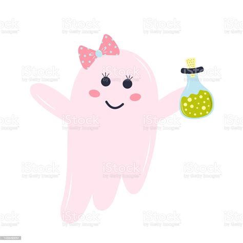 물약과 머리 활 한 병이있는 귀여운 분홍색 유령 흰색 배경에 고립 된 할로윈 캐릭터 가공의 인물에 대한 스톡 벡터 아트 및 기타