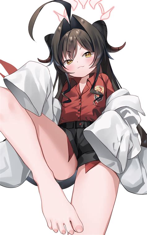 Tatara Maguro Kasumi Blue Archive Blue Archive Highres Girl Ahoge Barefoot Black Tail