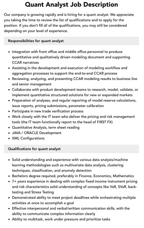 Quant Analyst Job Description Velvet Jobs