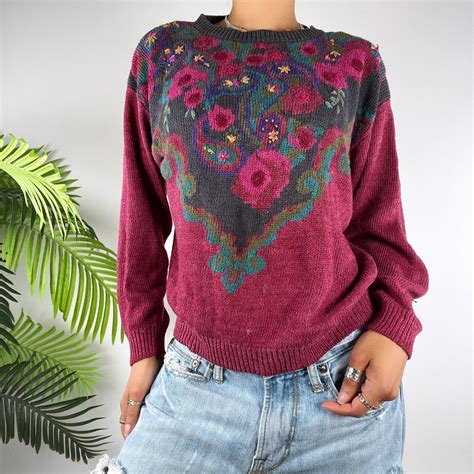 Vintage 90s Burgundy Floral Cottagecore Oversized Knit Grandma Sweater
