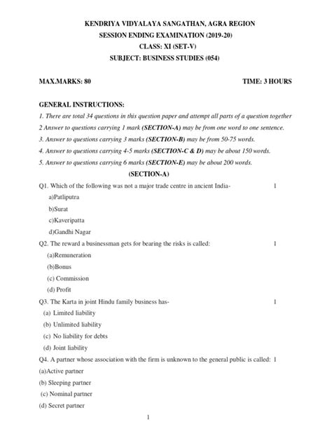 Kvs Agra Xi Bst Annual Exam Qp And Ms 2019 Pdf