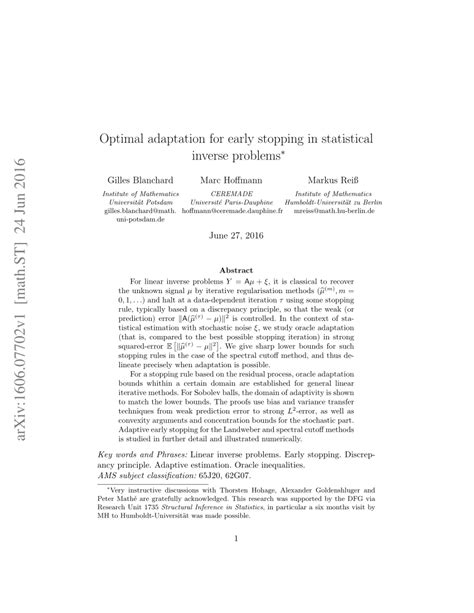Pdf Optimal Adaptation For Early Stopping In Statistical Inverse Problems