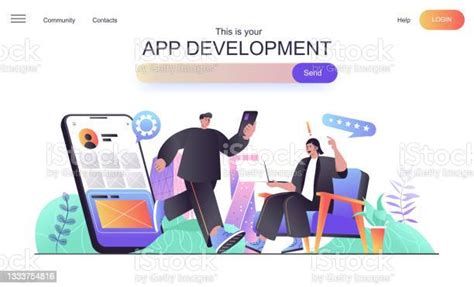 방문 페이지에 대한 앱 개발 웹 개념입니다 개발자는 응용 프로그램 휴대 전화를 만들고 인터페이스를 만들고 피드백 배너 템플릿을 분석합니다 플랫 만화 디자인의 웹 페이지에